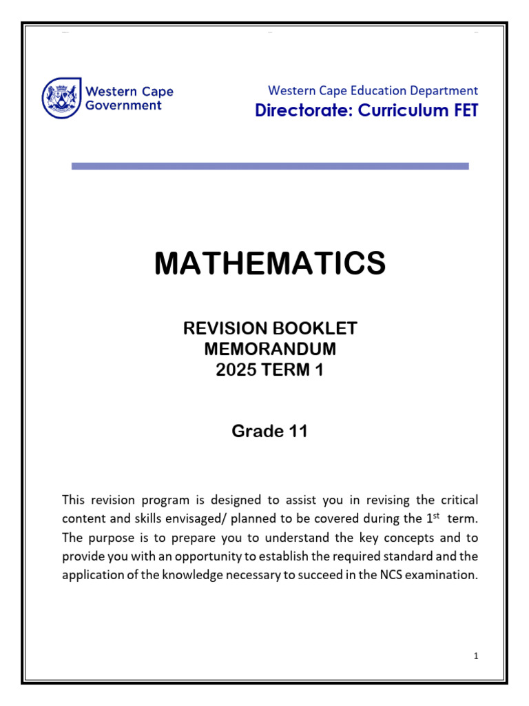 Mathematics Grade 11 Revision - Memo Term 1 - 2025 | PDF | Mathematics