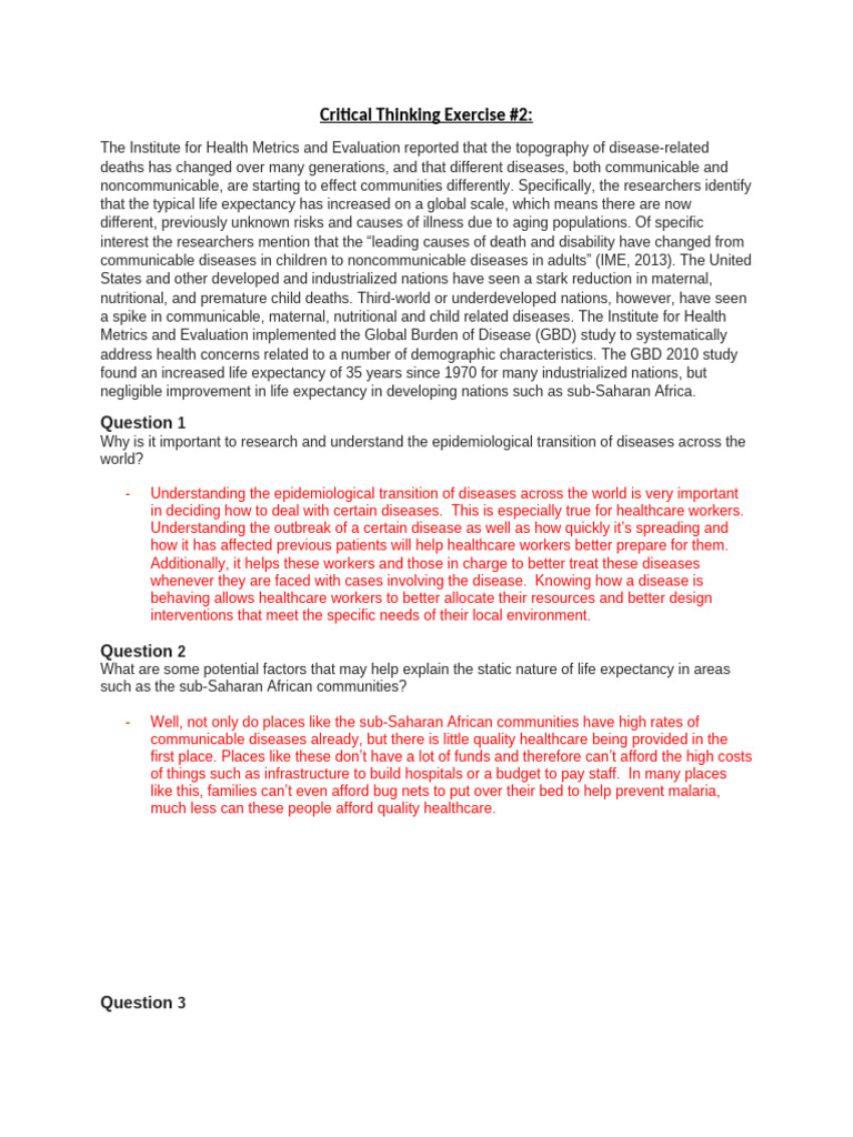 Critical Thinking Exercise - 2 | PDF | Non Communicable Disease ...