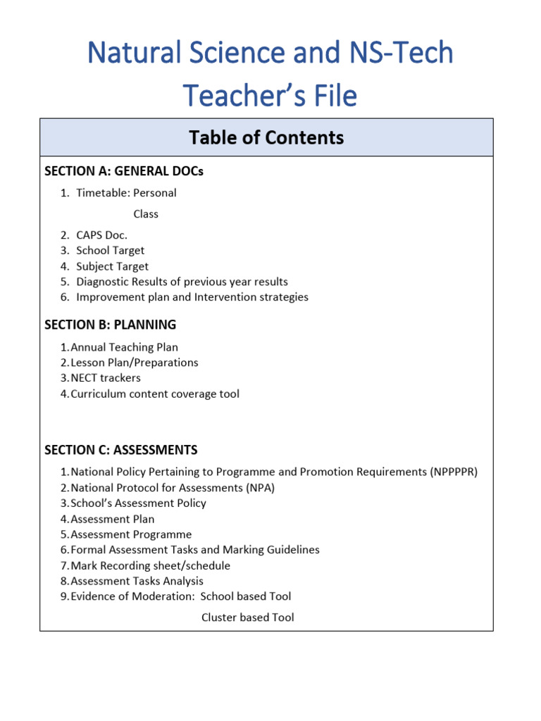 NS and NST Teacher File Table of Content | PDF