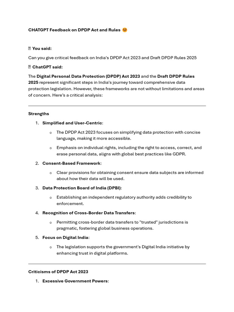 CHATGPT Feedback On DPDP Act and Rules | PDF | Regulatory Compliance | Privacy