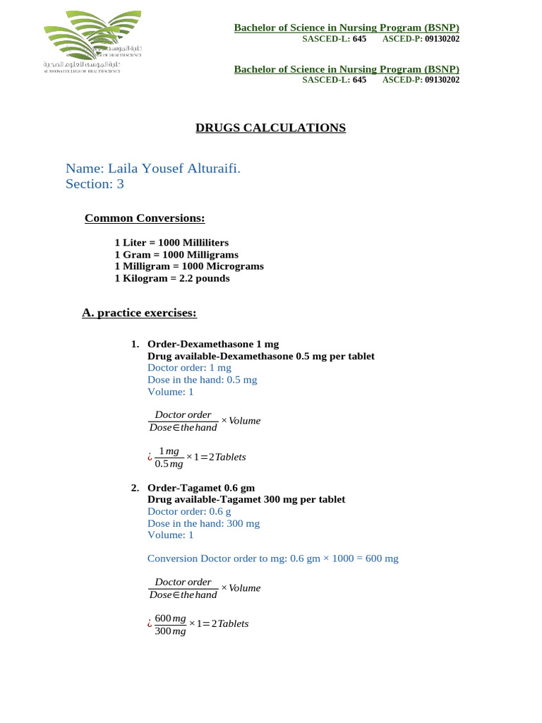 Bachelor of Science in Nursing Program | PDF | Kilogram | Dose (Biochemistry)
