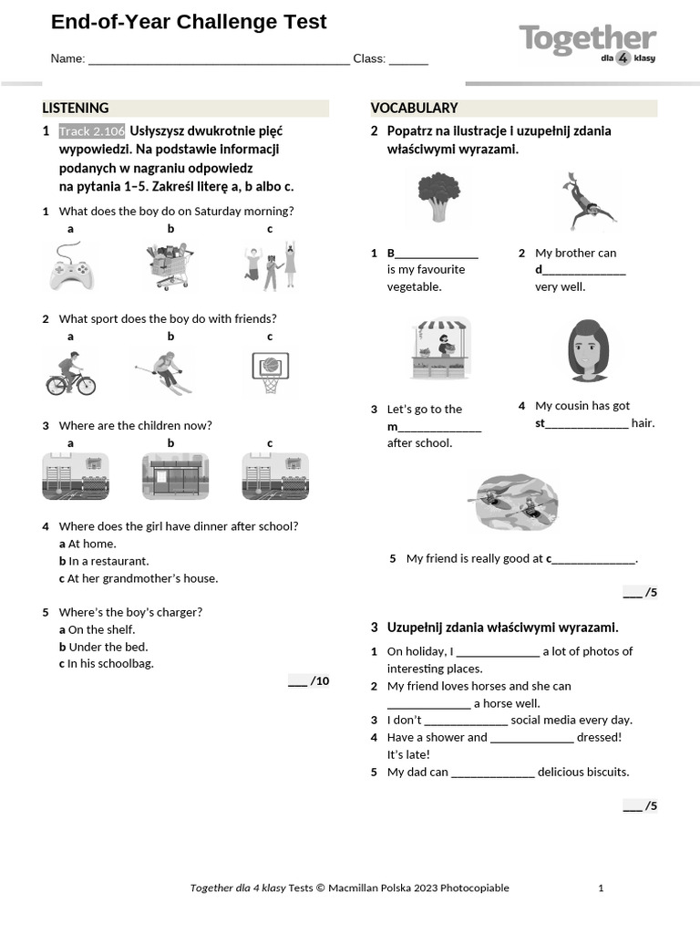 Together 1 End-of-Year - Test - Challenge | PDF