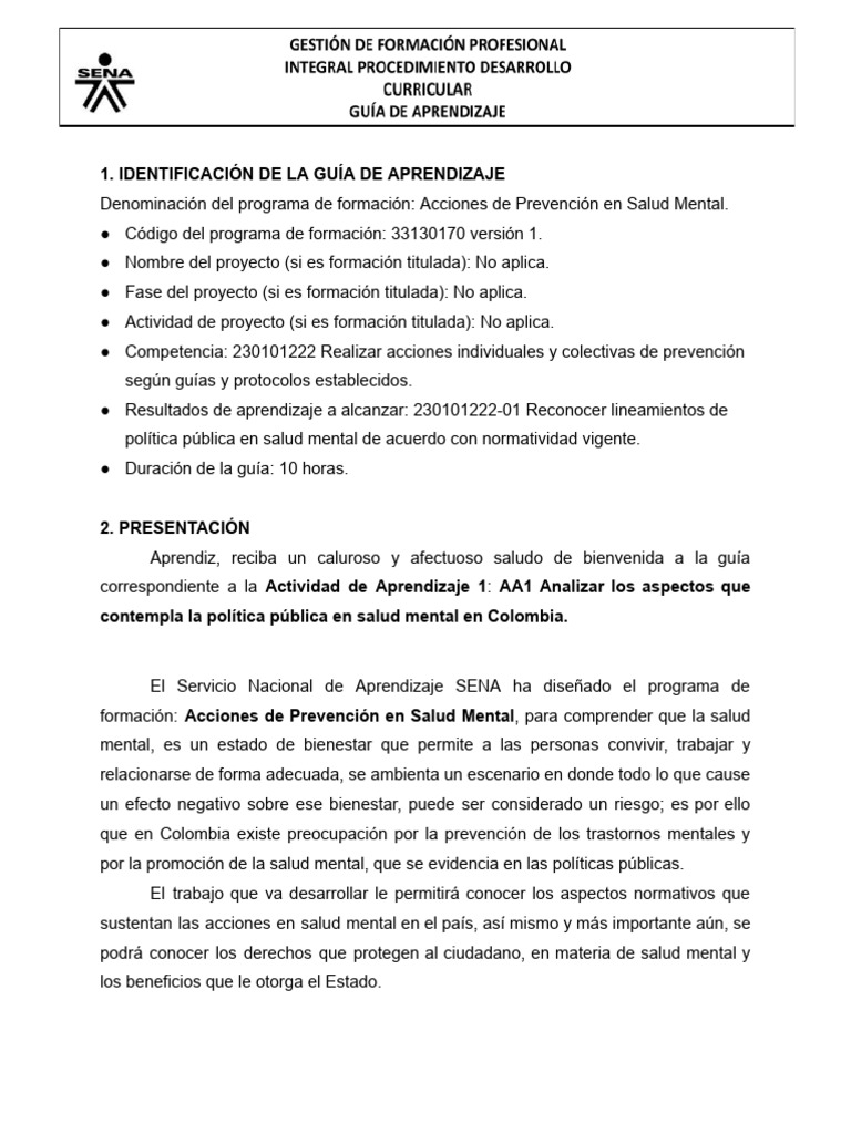 GuiaRAP1 - Acciones de Prevencion en Salud Mental | PDF | Salud mental | Aprendizaje