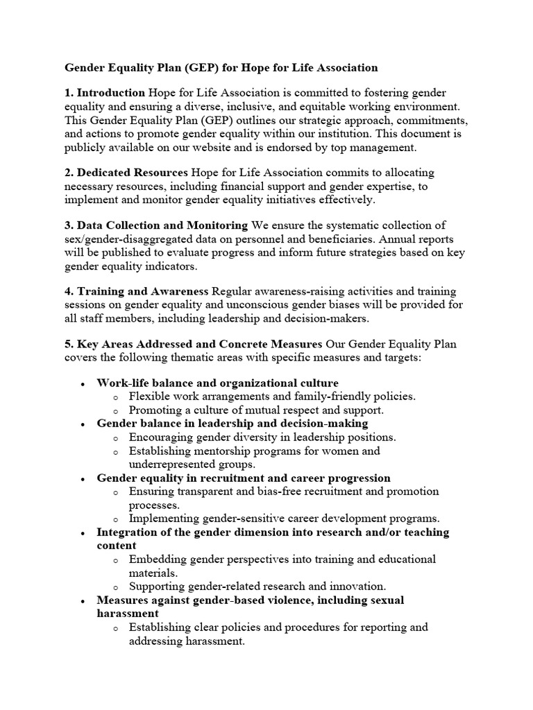 Gender Equality Plan for Hope for Life | PDF | Gender Equality | Gender ...