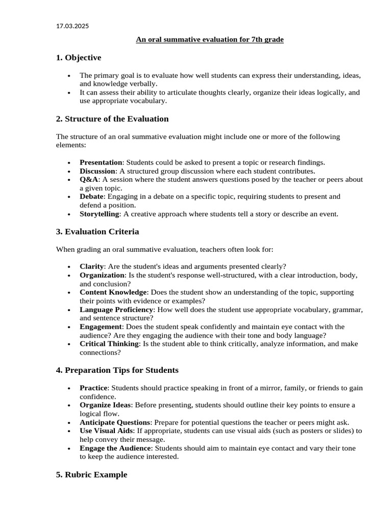 An Oral Summative Evaluation For 7th Grade | PDF | Critical Thinking ...
