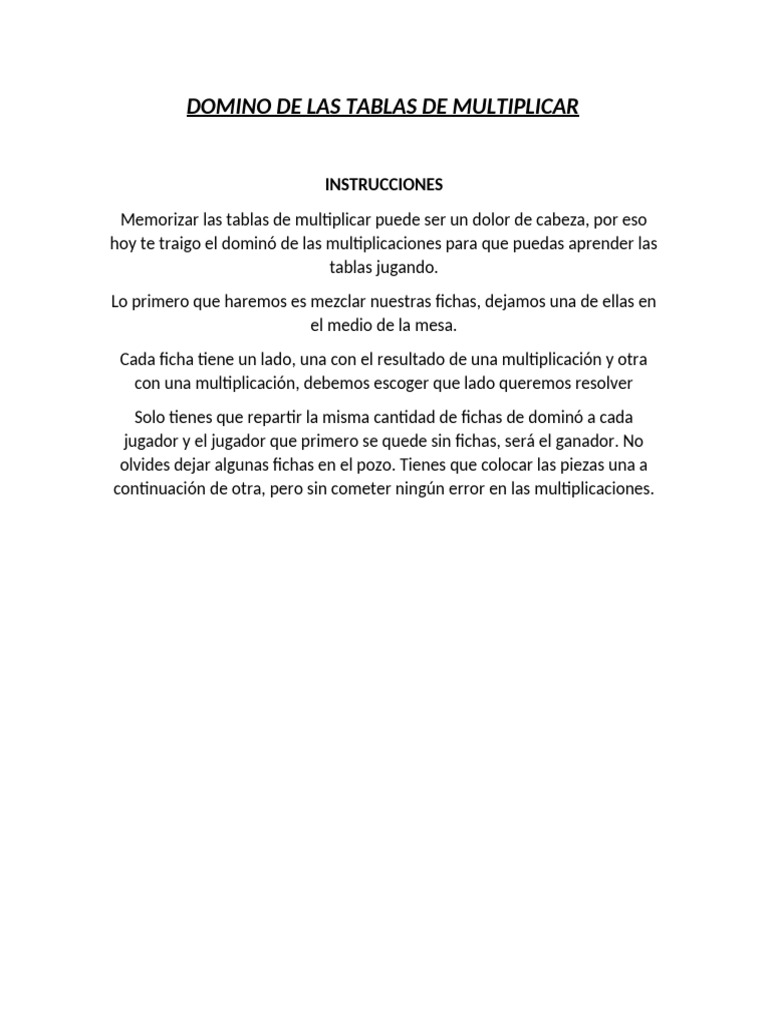 Domino de Las Tablas de Multiplicar - Docx Instrucciones | PDF