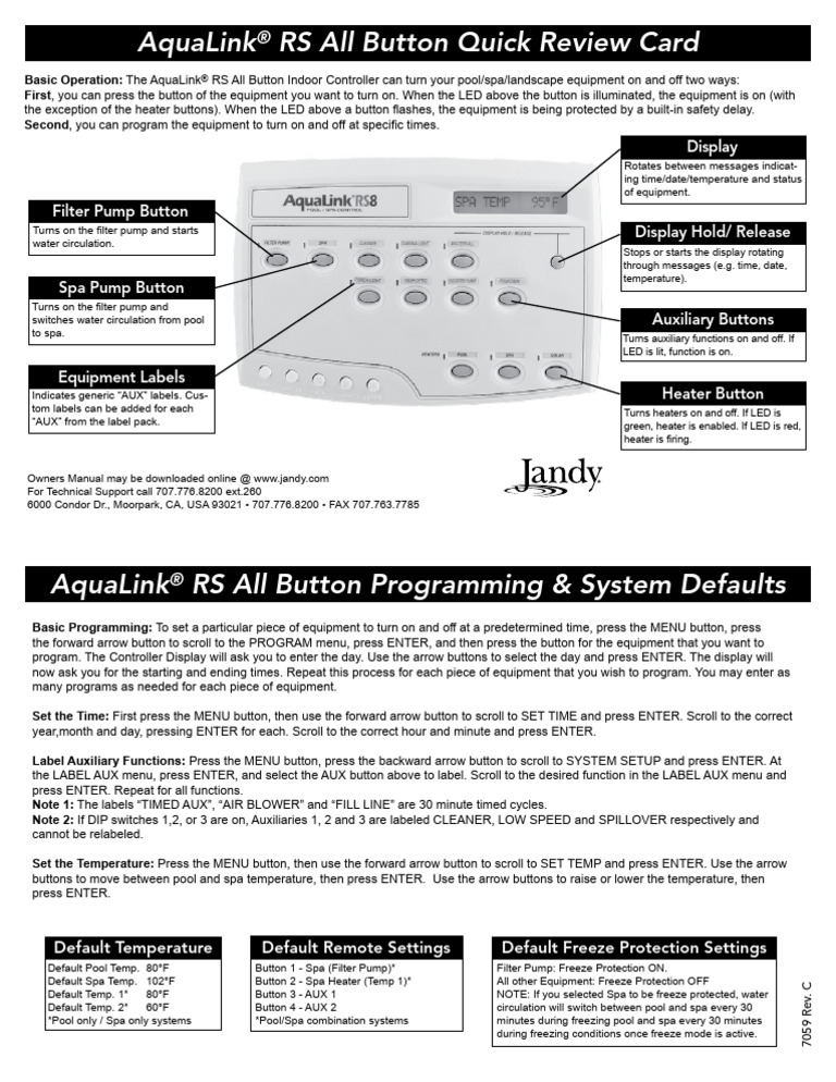 AquaLink® RS All Button Quick Review Card l7059 | PDF | Equipment