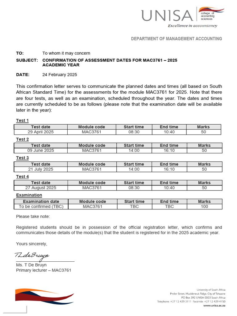 Confirmation of Assessment Dates For Mac3761 | PDF