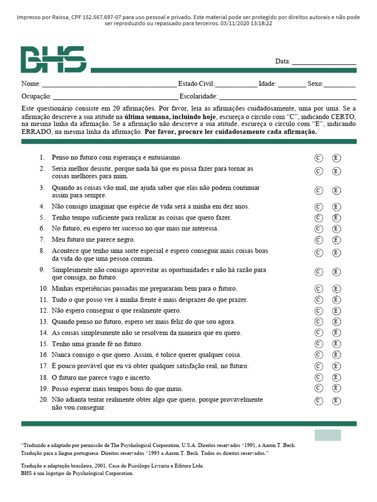 Escalas Beck BDI BAI BHS | PDF