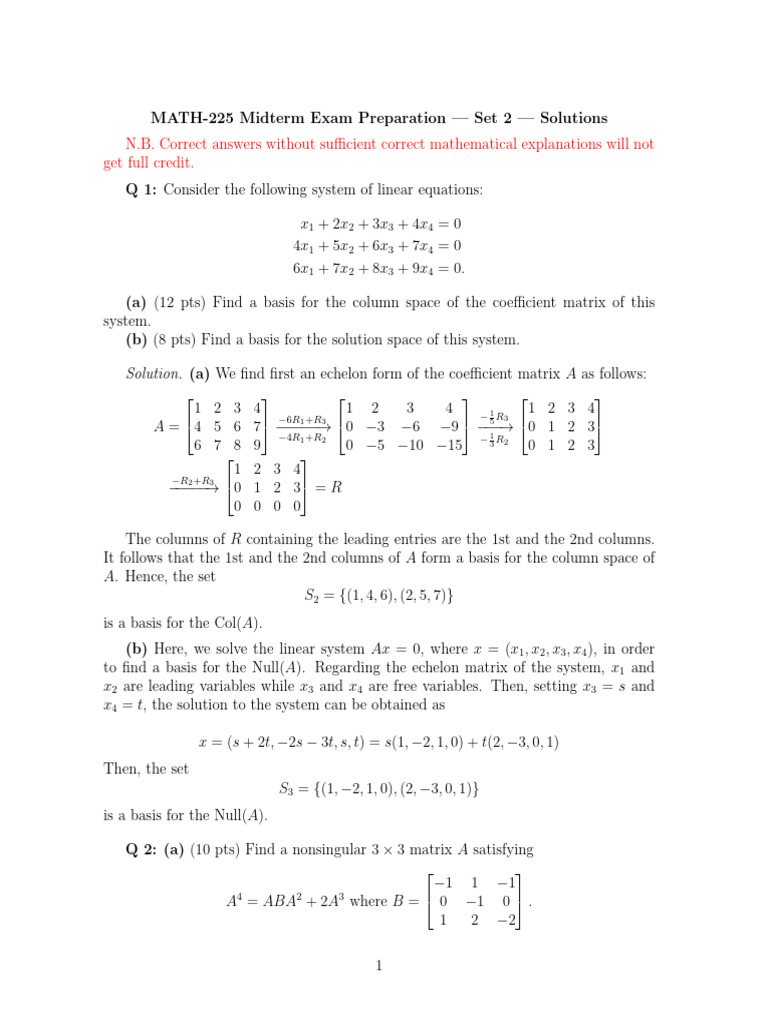 MATH225 MT Prep Set2 Solution | PDF | Matrix (Mathematics) | Linear Subspace