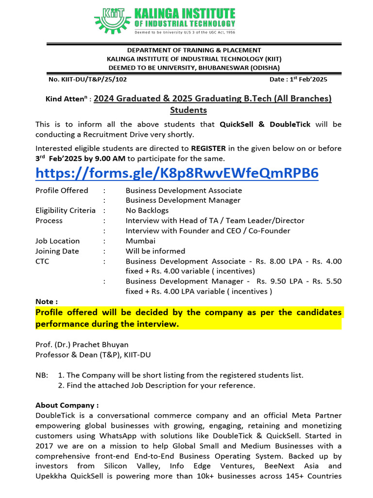 Extension Notice - Registration For QuickSell & DoubleTick Recruitment Drive - 2024 & 2025 Batch ...