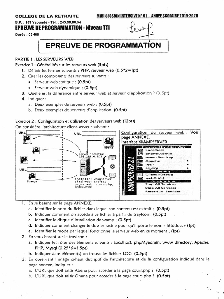 Informatique - Collège de La Retraite - Terminale Ti - 2020 Cameroun | PDF