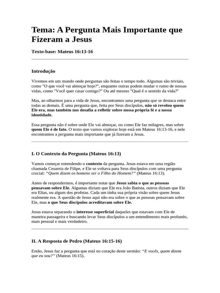 A Pergunta Mais Importante Que Fizeram A Jesus | PDF | Jesus | São Pedro