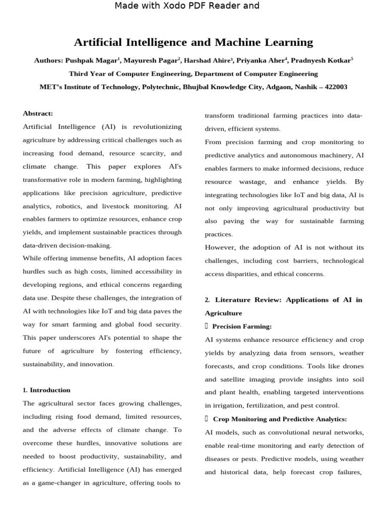 Artificial Intelligence and Machine Learning (Agriculture) | PDF | Agriculture | Artificial ...