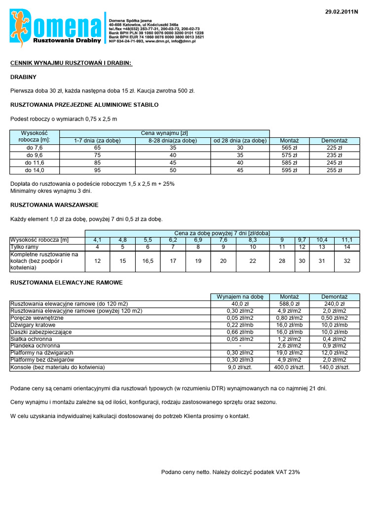 Cennik - Wynajmu 2 | PDF