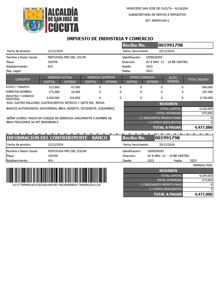Recibo de ICA San José de Cúcuta | PDF | Bancario | Dinero
