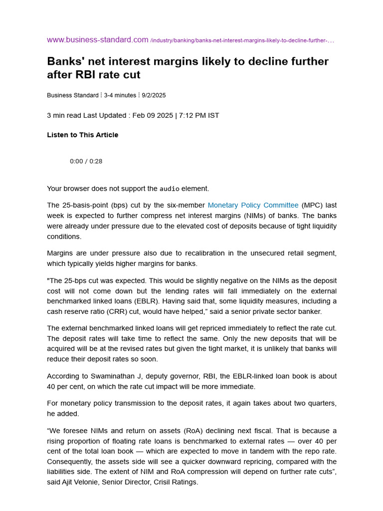 Banks' NIMs to Decline Post RBI Rate Cut | PDF | Reserve Bank Of India ...