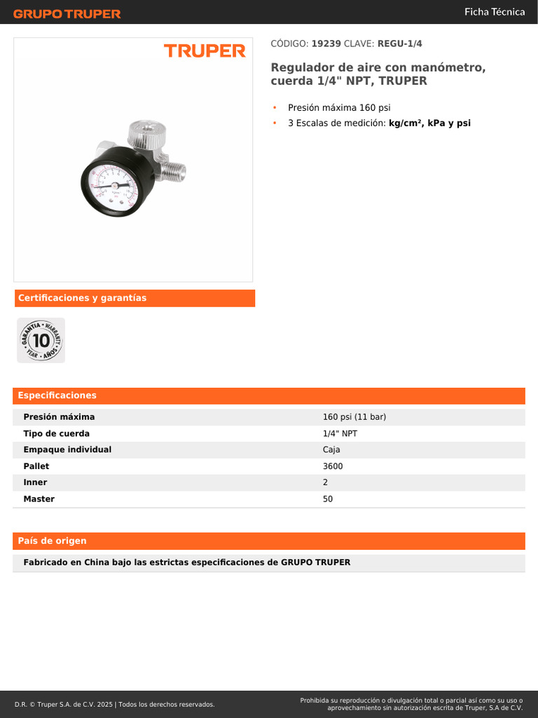 Regulador de Aire Con Manómetro, Cuerda 1/4" NPT, Truper: Presión Máxima 160 Psi 3 Escalas de ...