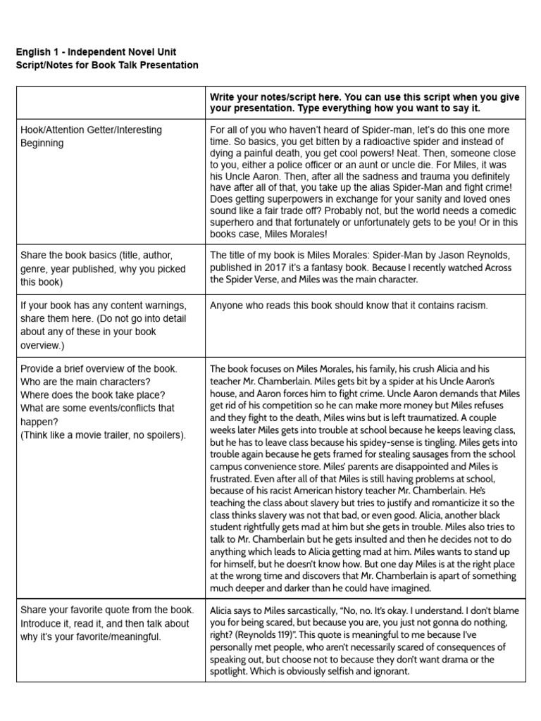 Maeva Akossou - E1 Book Talk Presentation Script | PDF | Spider Man