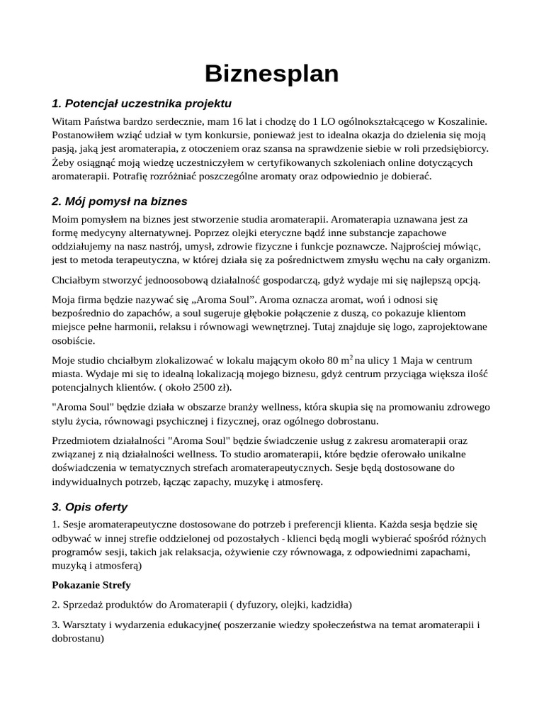 Biznesplan: 1. Potencjał Uczestnika Projektu | PDF