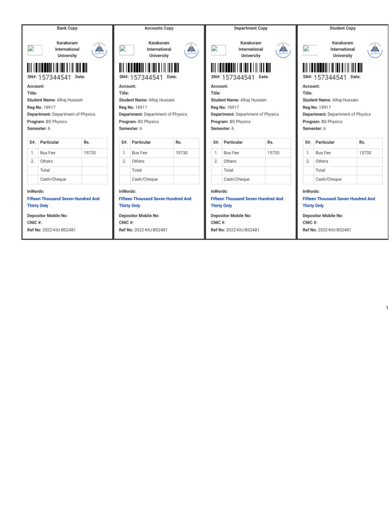 KIU BS Physics Fee Receipt | PDF | Money | Banking