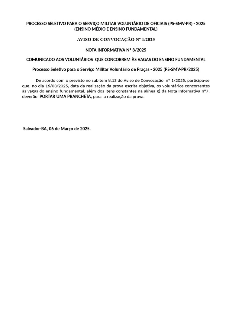 Nota Informativa 8 Comunicados Aos Voluntários Do Ensino Fundamental | PDF