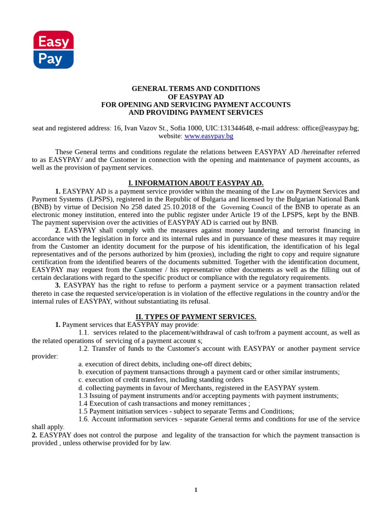 Easypay GTC_payment account_payment services_EN_clean | PDF | Payments | Debit Card