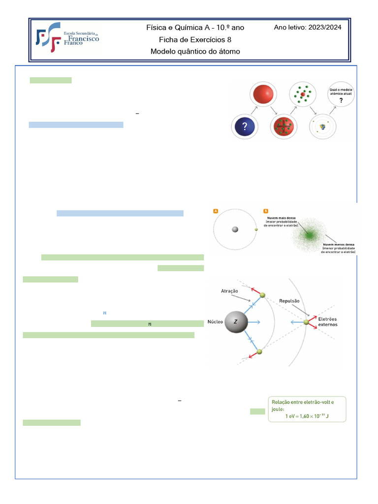 Ficha 8 - Modelo Quântico Do Átomo - Cópia | PDF | Elétron | Átomos