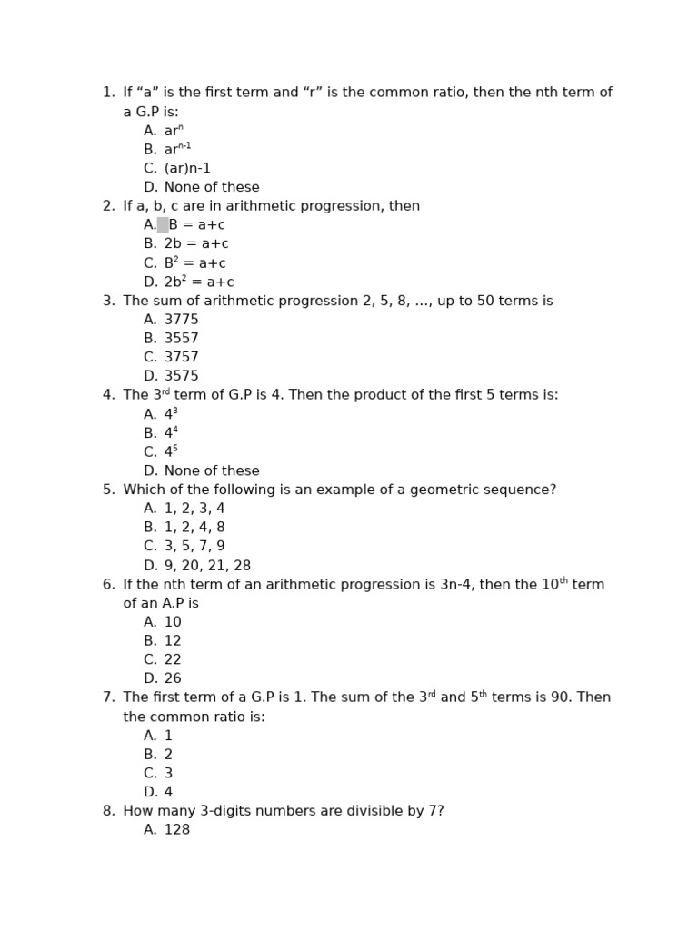 Arithmetic and Geometric Progression Quiz | PDF