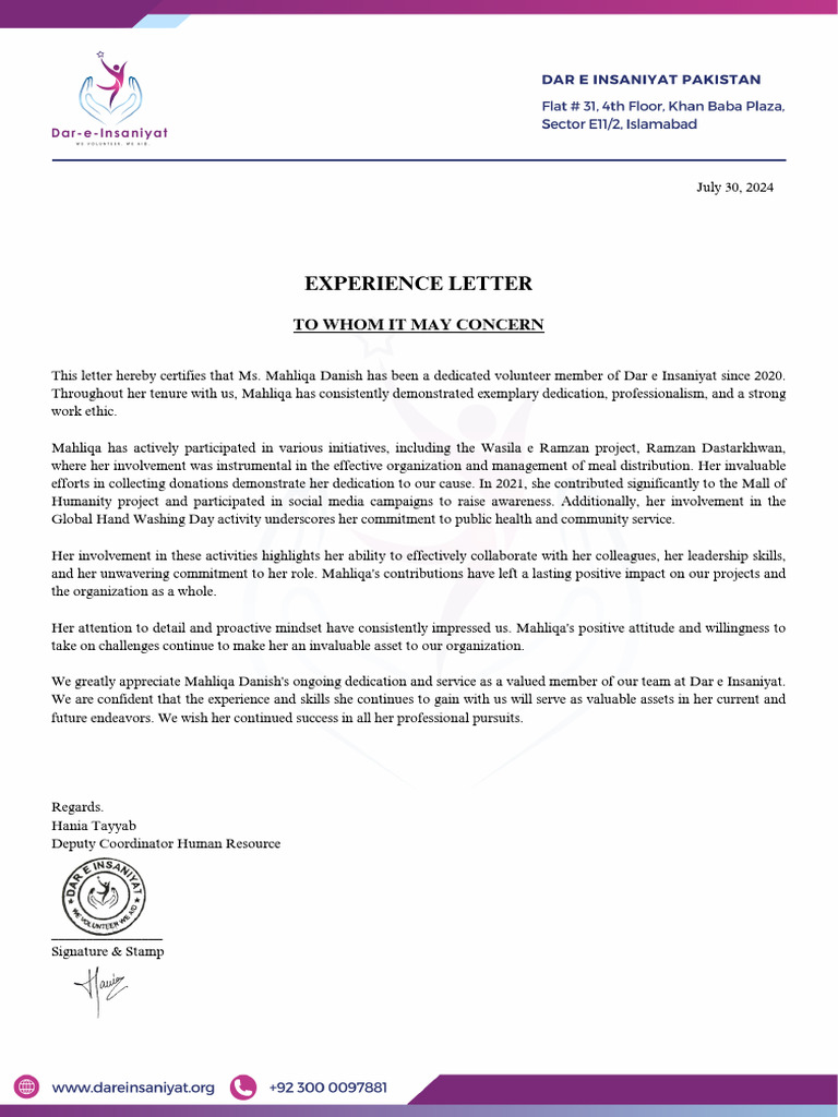 Experience Letter Ms. Mahliqa | PDF