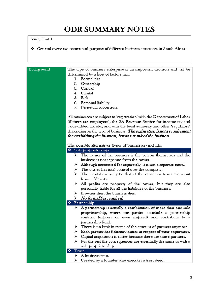ODR_SUMMARY_NOTES_FULL PDF | PDF | Partnership | Law Of Agency