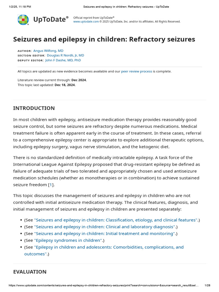 Seizures and Epilepsy in Children Refractory Seizures UpToDate | PDF ...