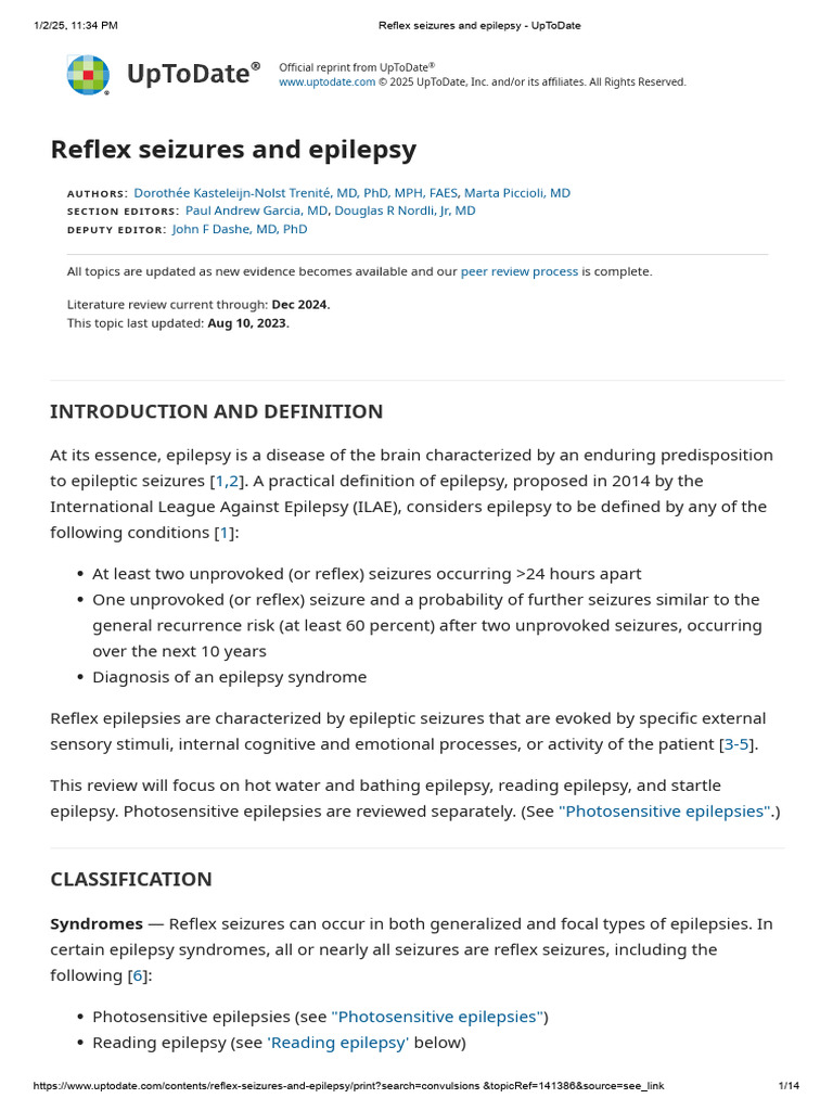 Reflex seizures and epilepsy - UpToDate | PDF | Epilepsy | Human ...