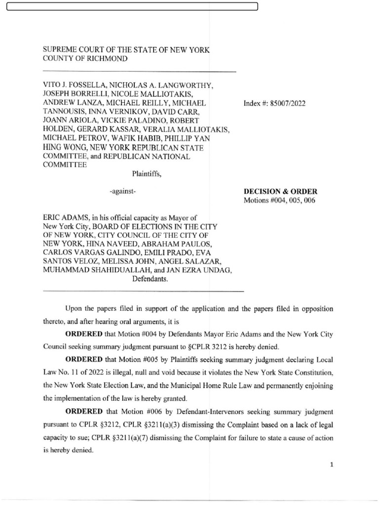 2022 Vito J Fossella Et Al V Eric Adams Et Al Decision Order On 172 | PDF