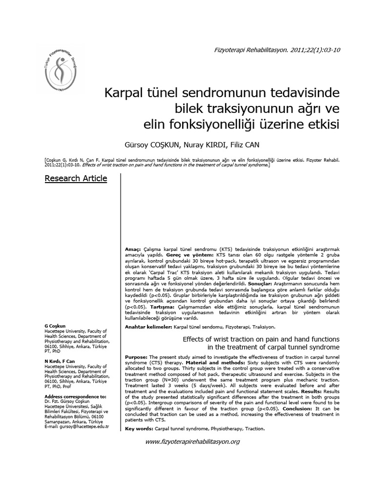 Karpal T - Nel Sendromunun Tedavisinde Bilek Traksiyonunun A - R - Ve Elin Fonksiyonelli - I ...