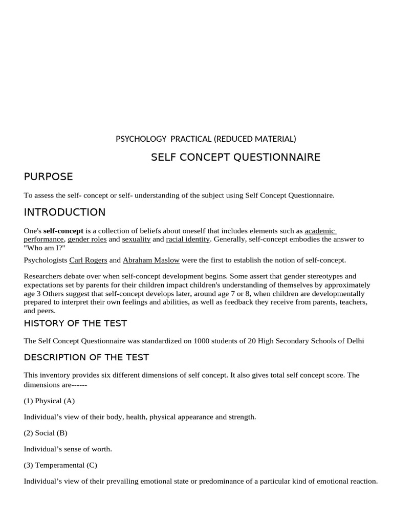 SELF CONCEPT QUESTIONNAIRE BY R.K.SARASWAT - Reduced | PDF | Self ...