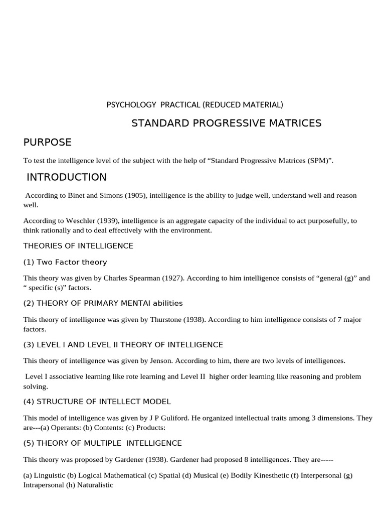 STANDARD PROGRESSIVE MATRICES Reduced | PDF | Intelligence ...