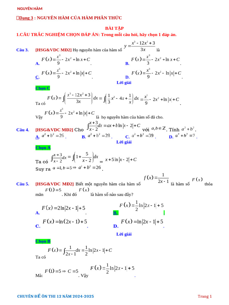 Đ T 7 D NG 3 Nguyên Hàm C A Hàm Phân TH C | PDF
