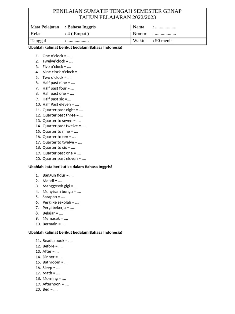 Penilaian Sumatif Tengah Semester Genap Bahasa Inggris | PDF
