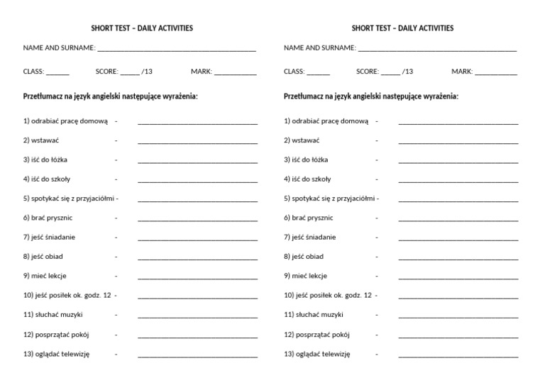 SHORT TEST Daily Activities | PDF