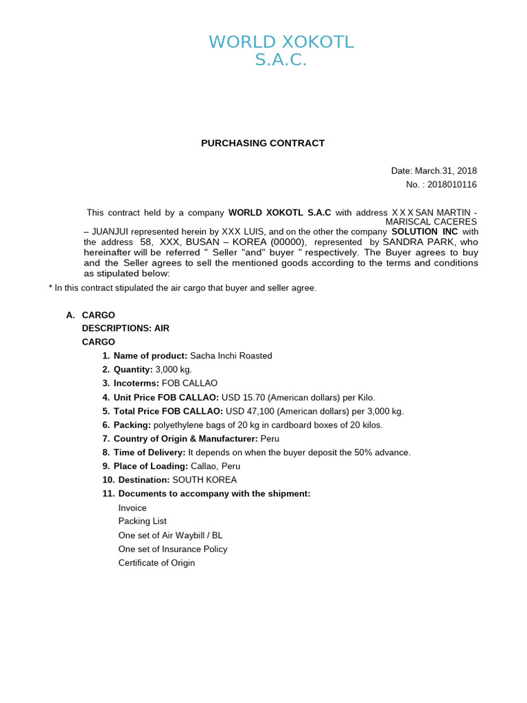 Modelo CONTRACT SOUTH KOREA - WORLD XOKOTL S.AC. | PDF | Payments | Banks