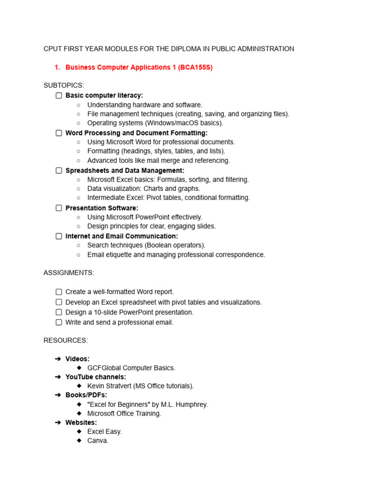 CPUT 1st YEAR MODULES FOR THE (D) PUBLIC ADMINISTRATION | PDF ...