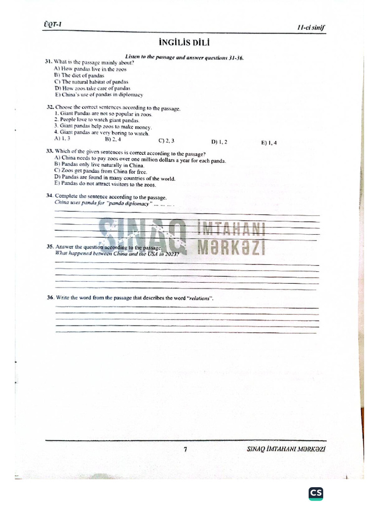 Hedef 11 Ci Sinif UQT 1 Fevral | PDF