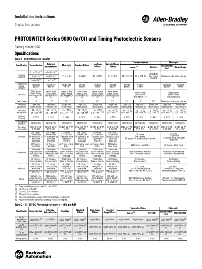 PHOTOSWITCH Series 9000 On/Off and Timing Photoelectric Sensors | PDF ...
