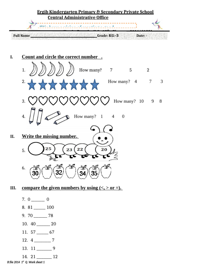 KG 3 Maths Work Sheet 1,2,3 | PDF | Mathematics
