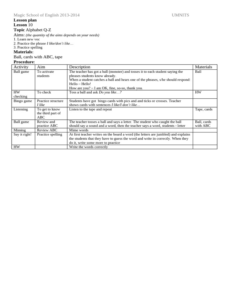 Lesson Plan Q-Z | PDF
