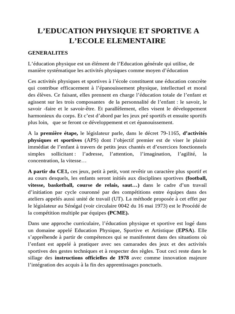 Éducation Physique à l'École Primaire | PDF | Pédagogie | Cognition