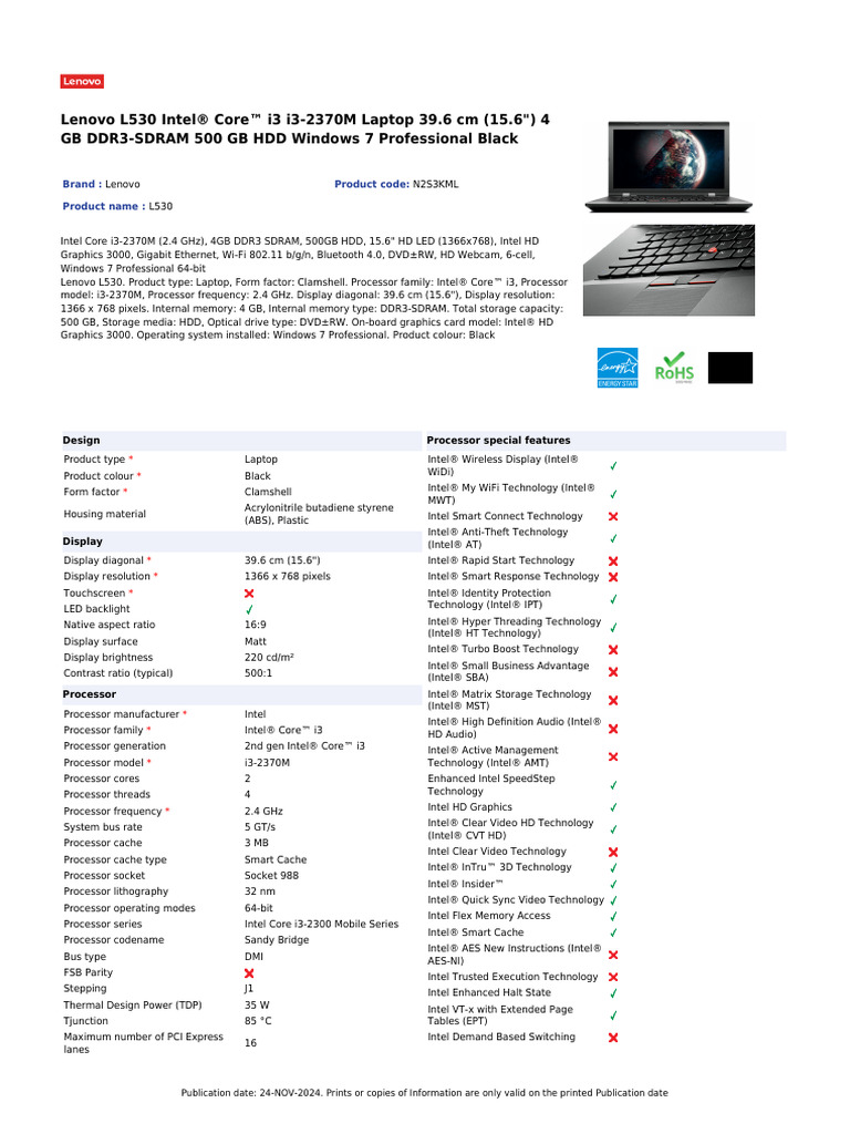Lenovo L530 Intel Core I3-2370m | PDF | Intel | Computer Data Storage