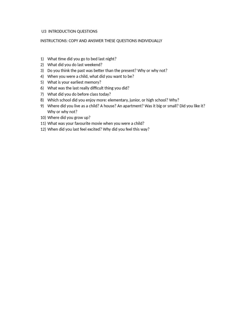 U3 Introduction Questions | PDF
