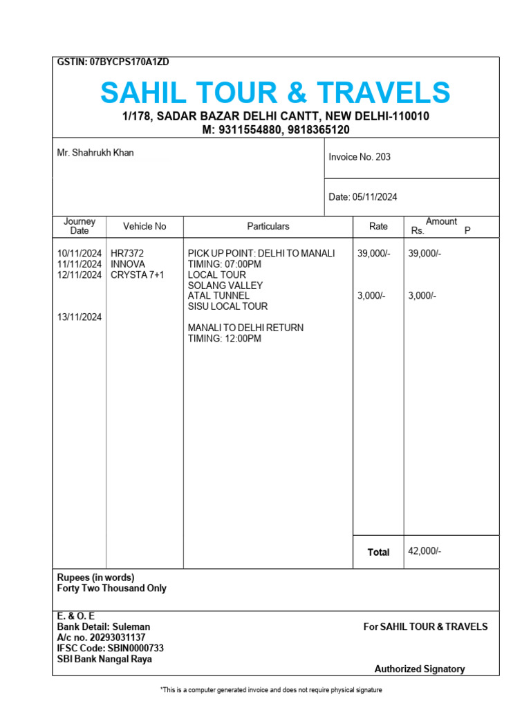 Invoice for Manali Tour Package | PDF